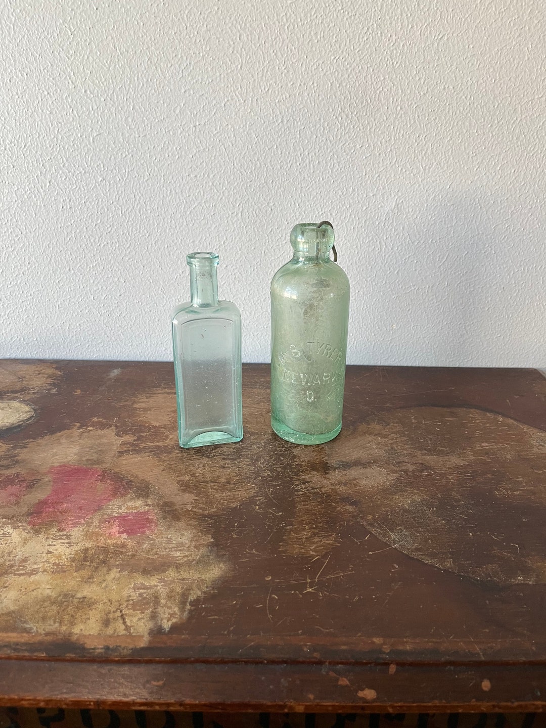 Two Vintage Glass Bottles Round Bottle and Square Bottle Funky Glass ...