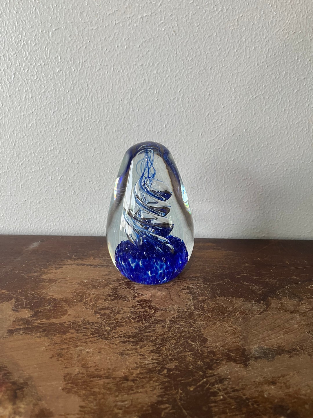 Vintage Art Glass Paperweight Colorful Blue Swirl Bubbles Cabinet Art ...