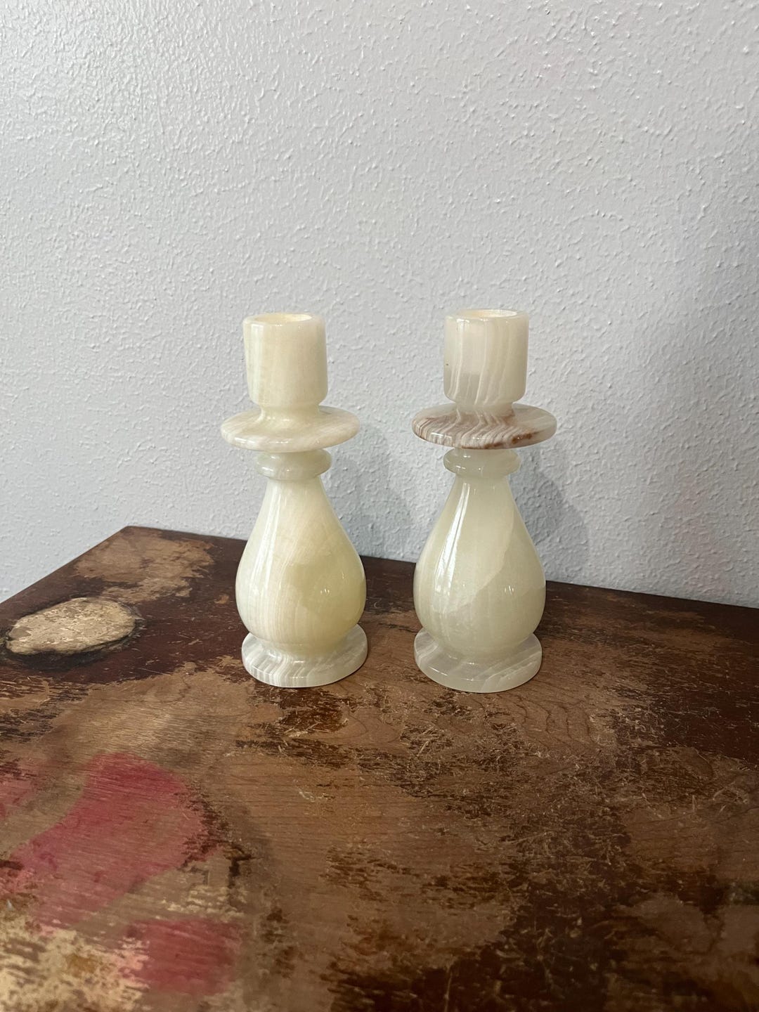 Pair of Vintage Polished Onyx Stone Candlesticks Bulbous Vase Form ...