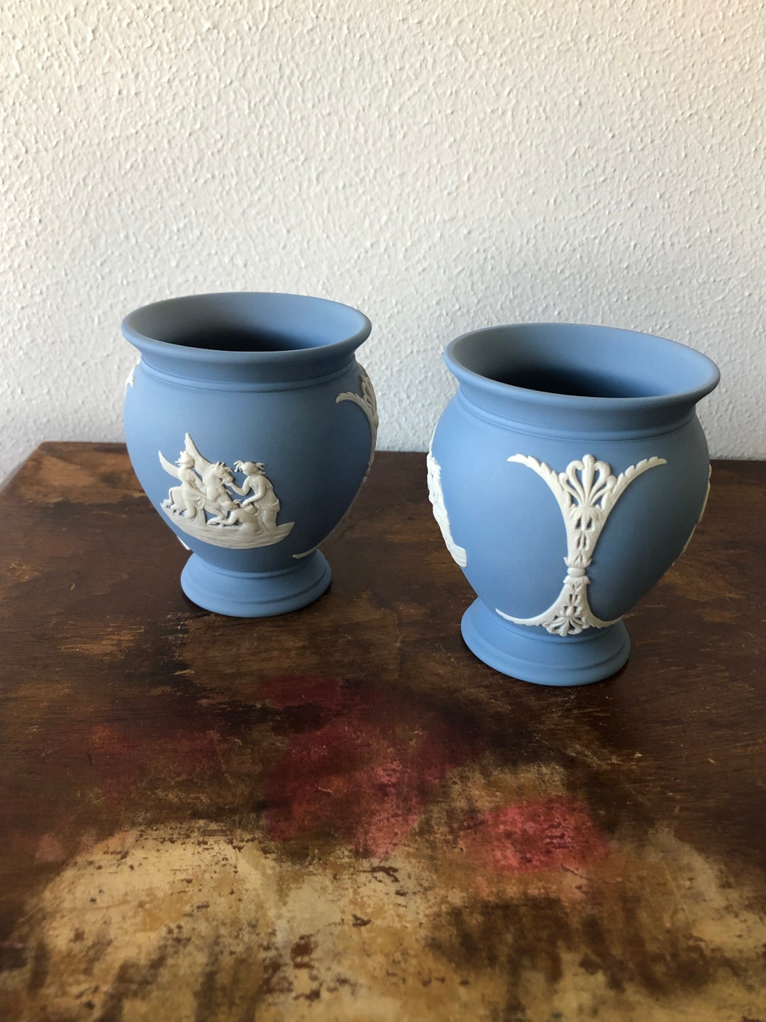Pair of Wedgwood Jasperware Blue and White Vases Urn Shaped Footed ...