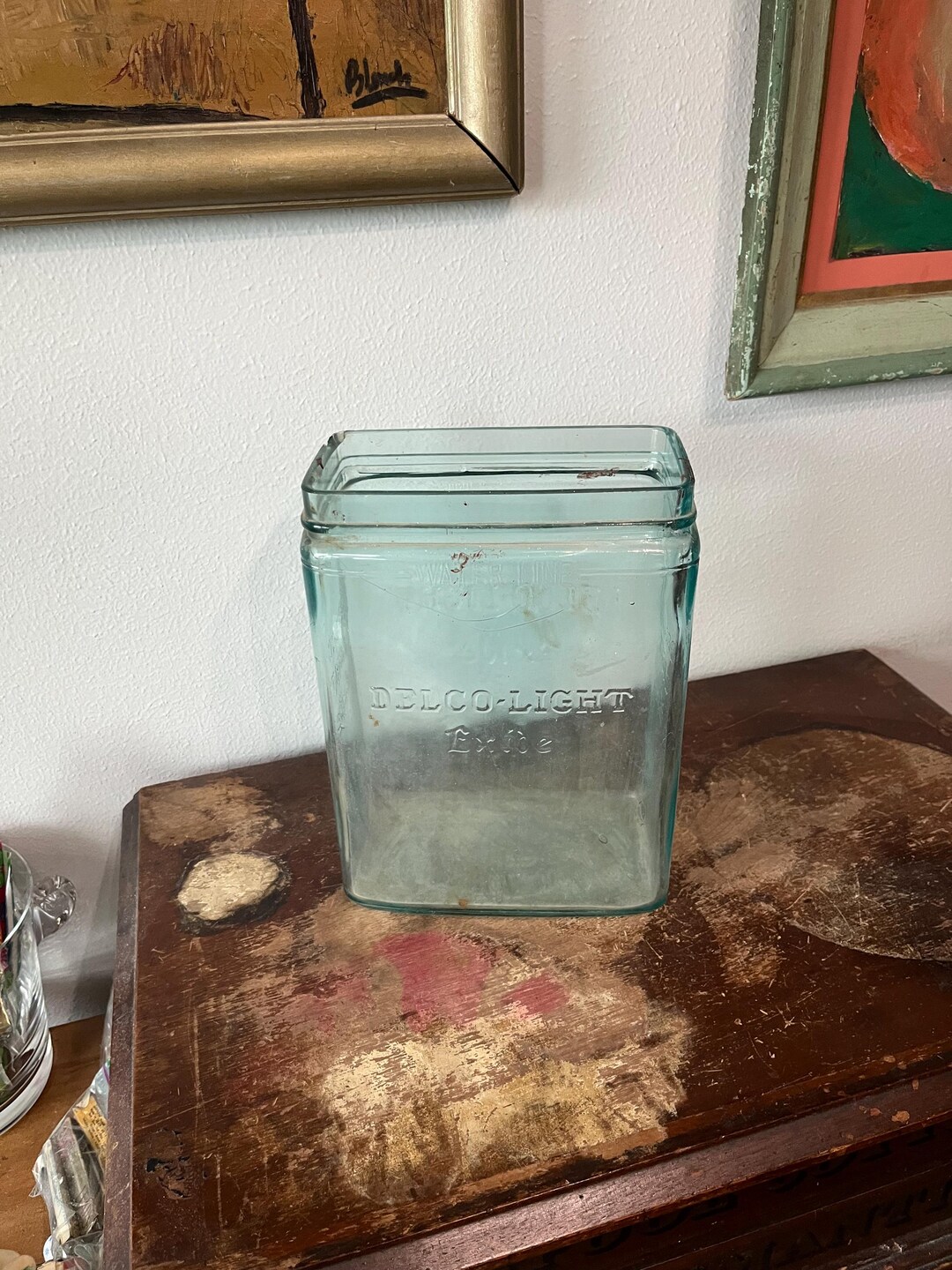 Antique 1920s Delco-light Exide Battery Jar Aqua Glass Jar Clear Raised ...
