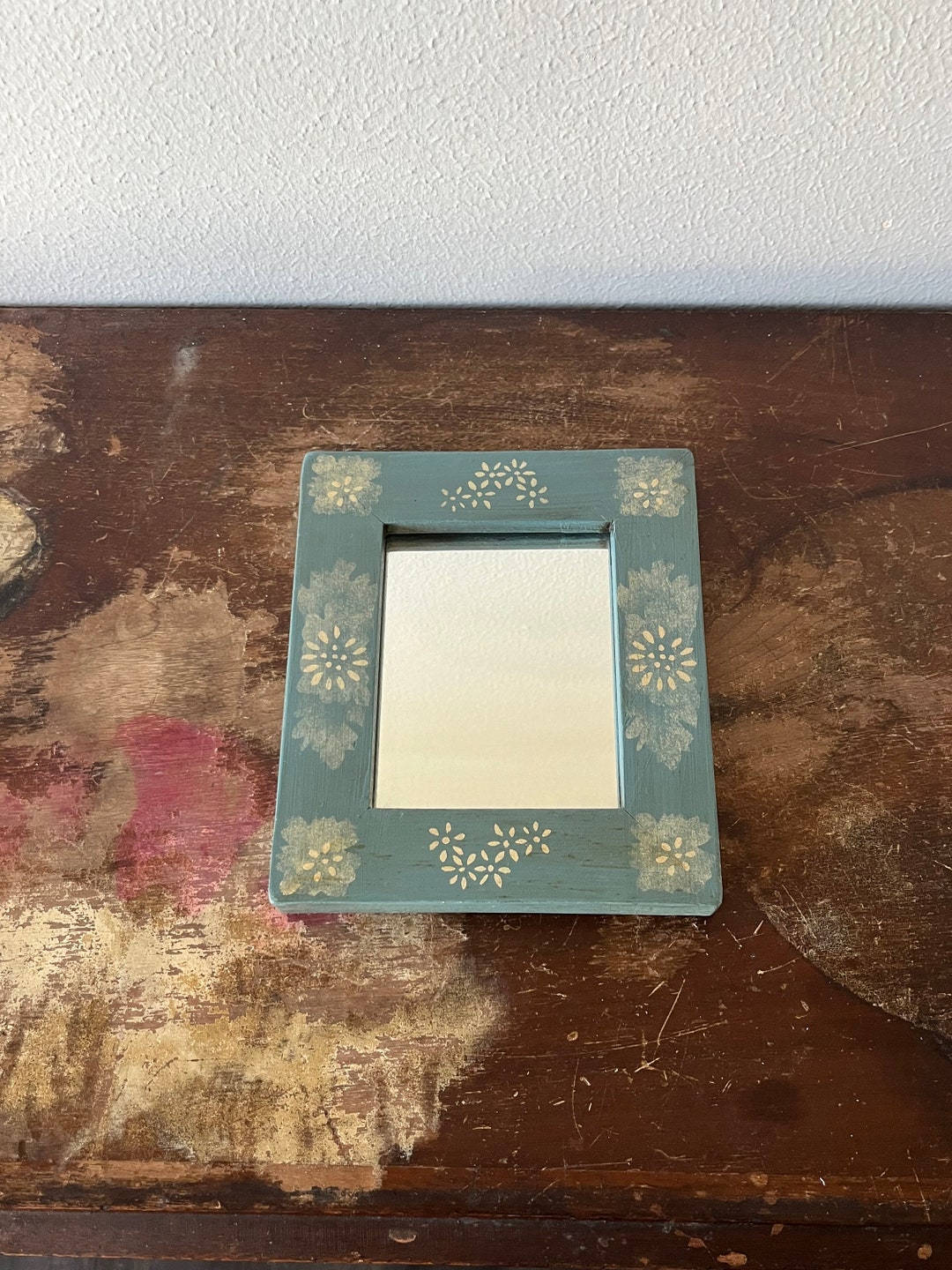 Small Wood Frame Painted Wall Mirror Country Sponge Painted Blue and ...