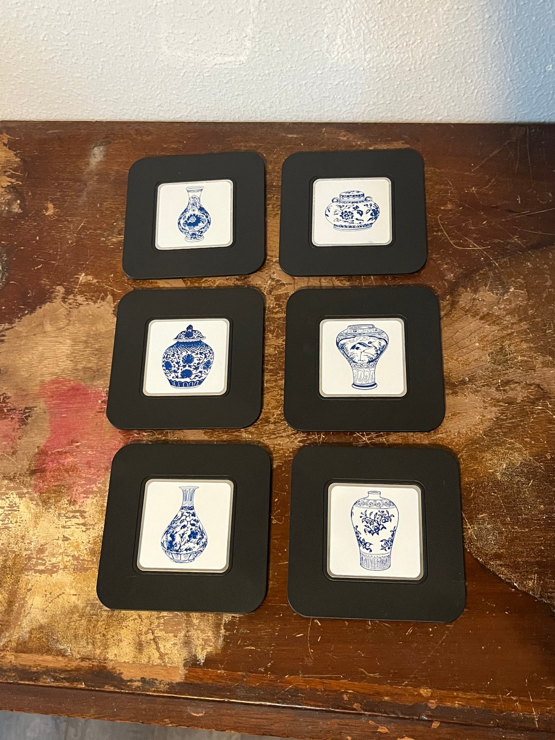 Blue and White Asian China Coaster Set Six Plastic and Tin Asian Decor ...