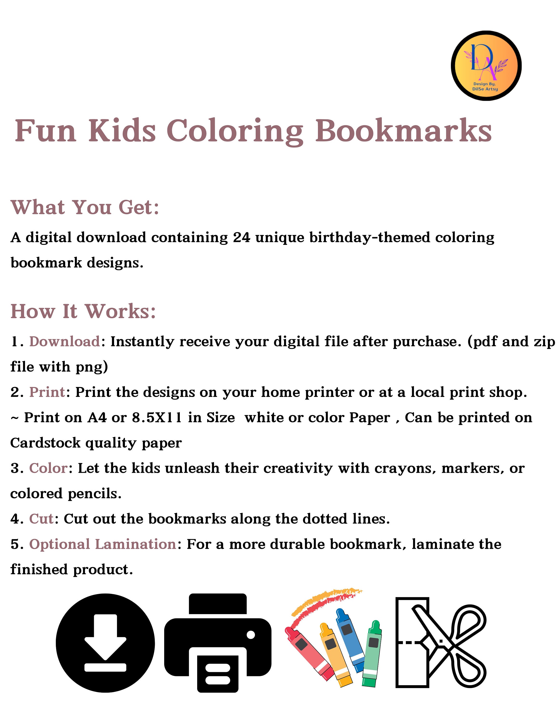 Birthday Coloring Bookmarks: 24 Kids Printable Designs (digital ...
