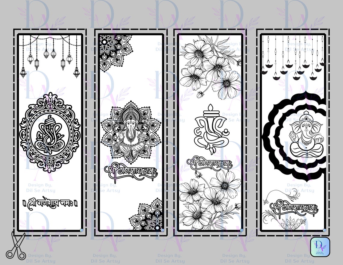 Shri Ganesh Coloring Bookmark Collection - Set of 8 Unique Designs ...