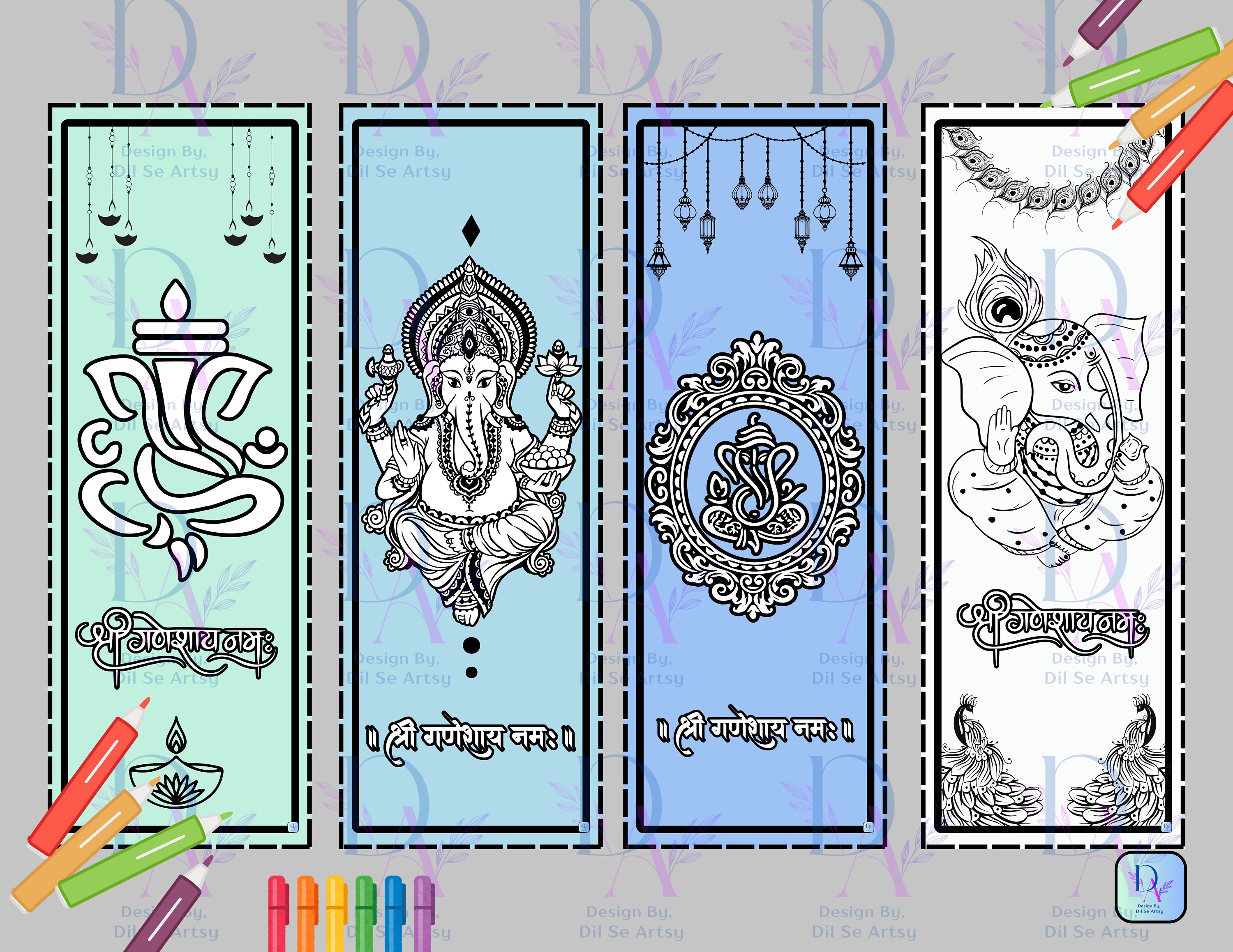 Shri Ganesh Coloring Bookmark Collection - Set of 8 Unique Designs ...