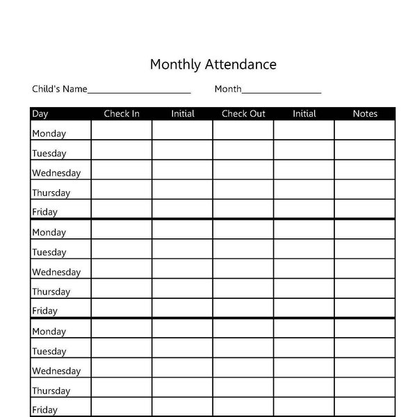 Monthly Daycare Sign in and Out Sheets - Etsy