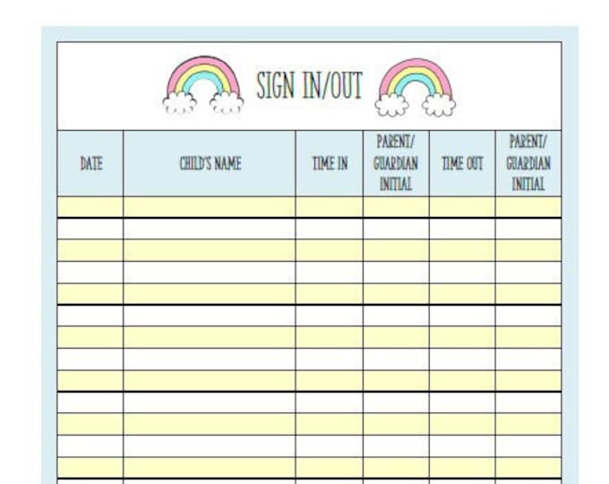 Daycare Nursery Daily Sign In/out Sheet Digital Download PDF & Word ...
