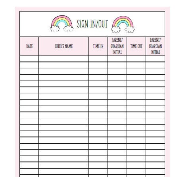 Monthly Daycare Sign in and Out Sheets - Etsy
