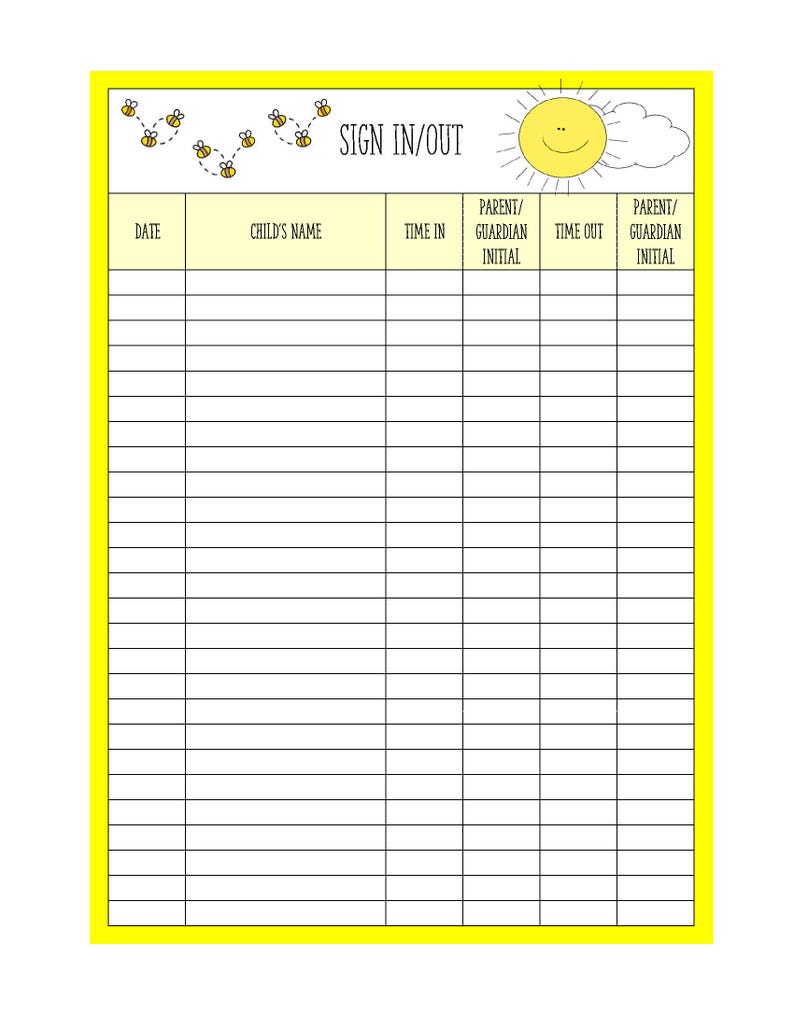 Daycare Paperwork, Daycare Forms, Childcare Sign In, Childcare Sign Out ...