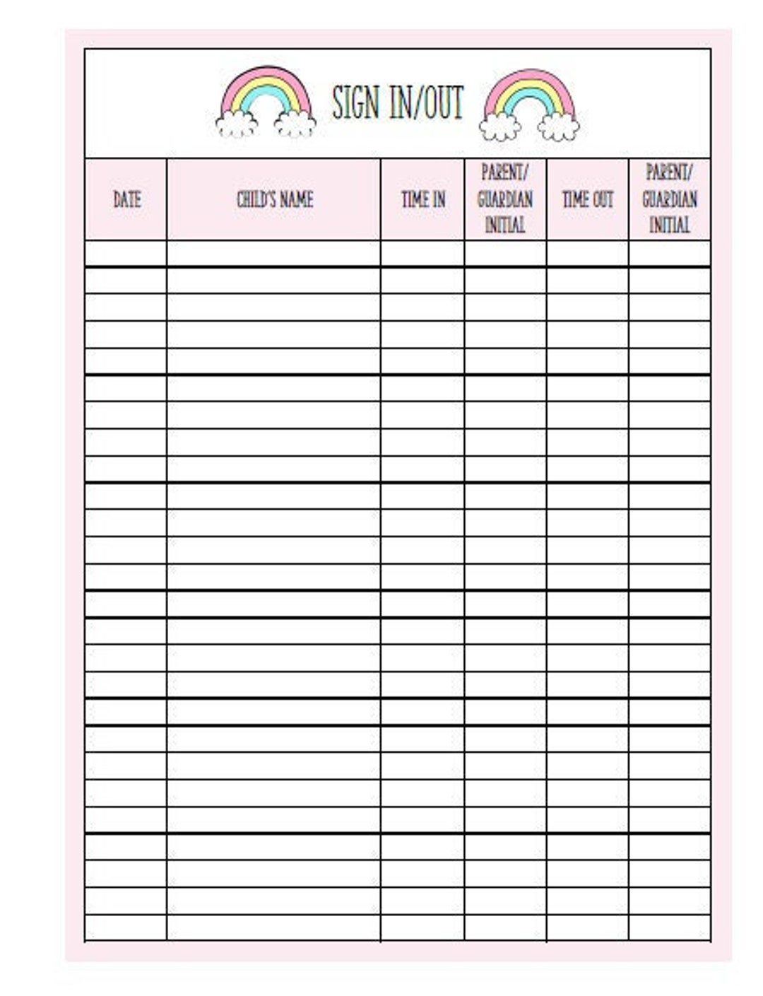 Rainbow Daycare Daily Sign In/out Sheet - Etsy