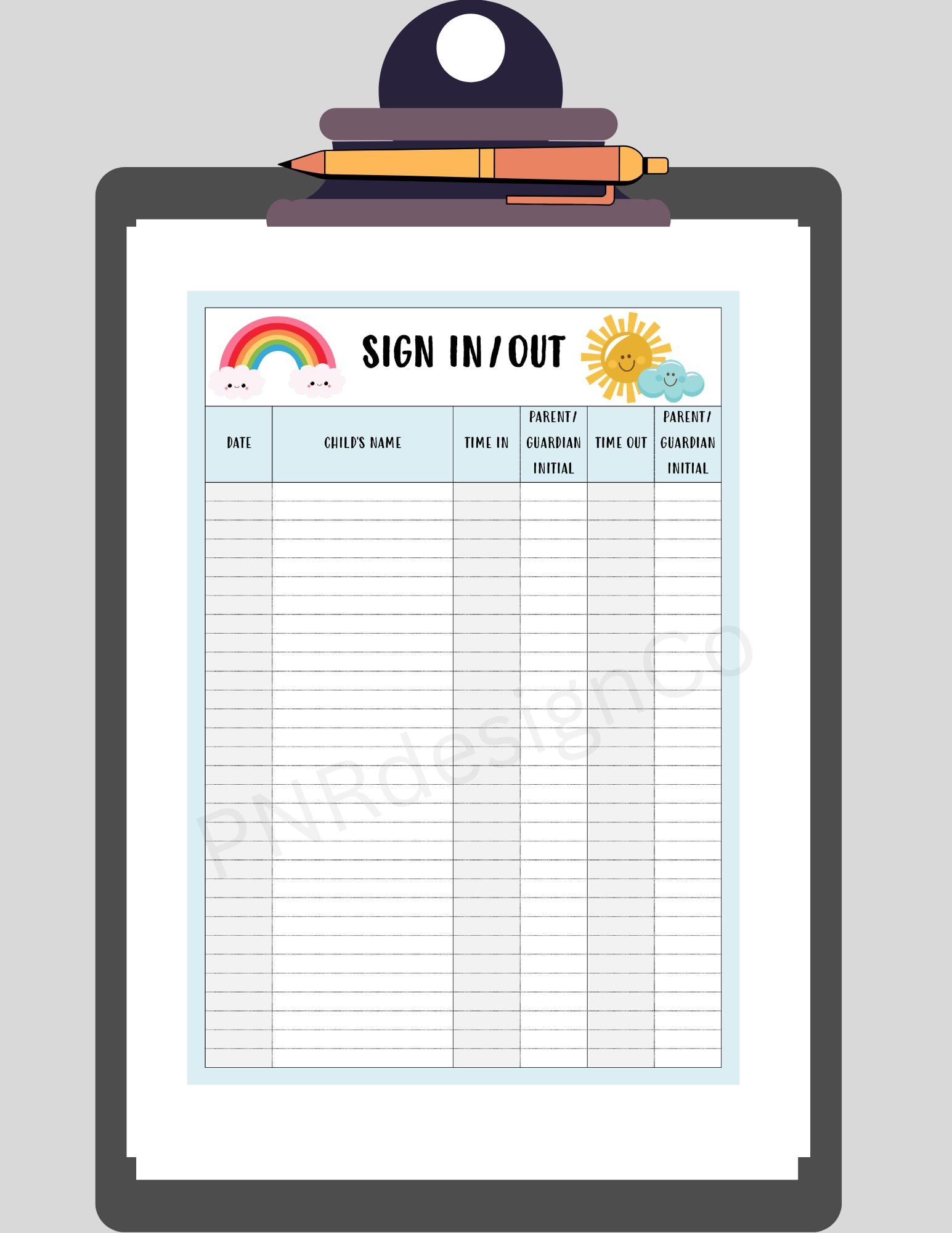 Daycare Paperwork, Daycare Forms, Childcare Sign In, Childcare Sign Out ...