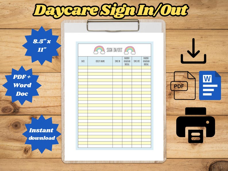Daycare Paperwork, Daycare Forms, Childcare Sign In, Childcare Sign Out ...