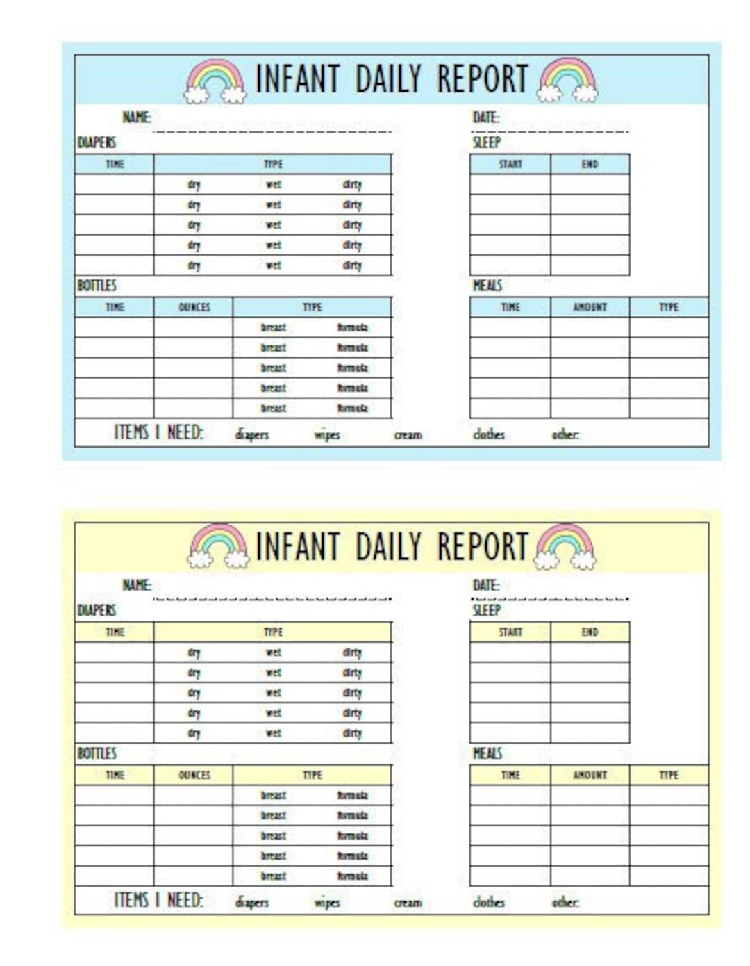 Rainbow Daycare Nursery Baby Infant Daily Report Digital Download PDF ...