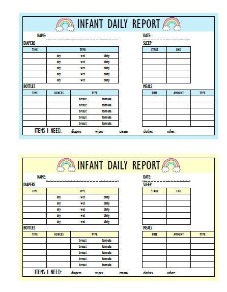 Rainbow Daycare Nursery Baby Infant Daily Report Digital Download PDF ...