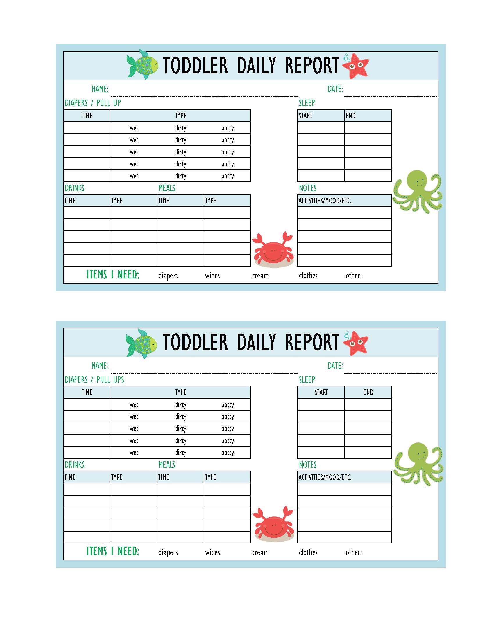 Daycare Toddler Daily Report Digital Download PDF - Etsy