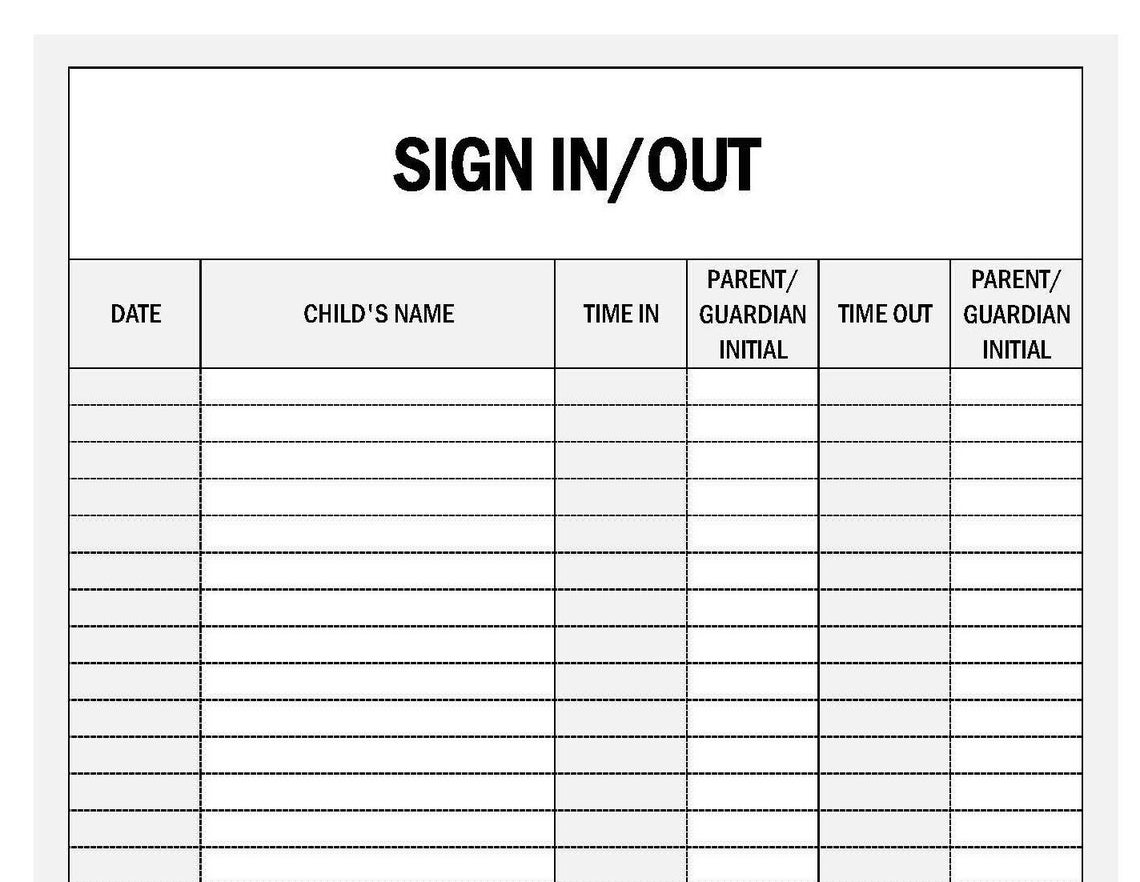 Daycare Nursery Daily Sign In/out Sheet Instant Download PDF - Etsy