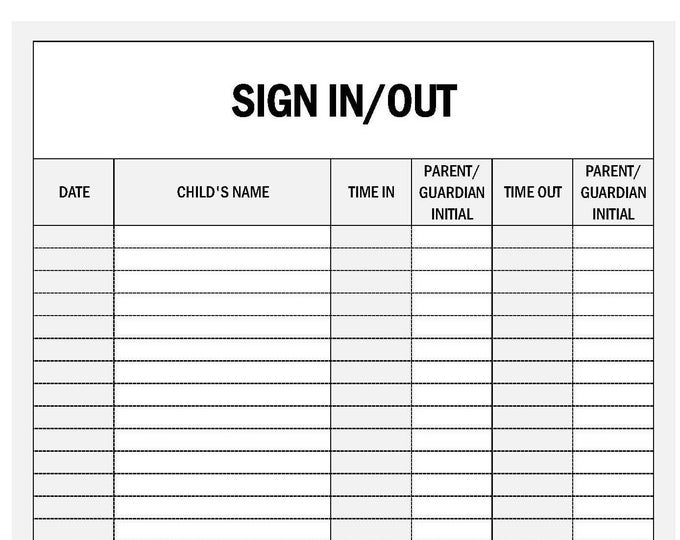 Daycare Nursery Daily Sign In/out Sheet Digital Download PDF & Word ...