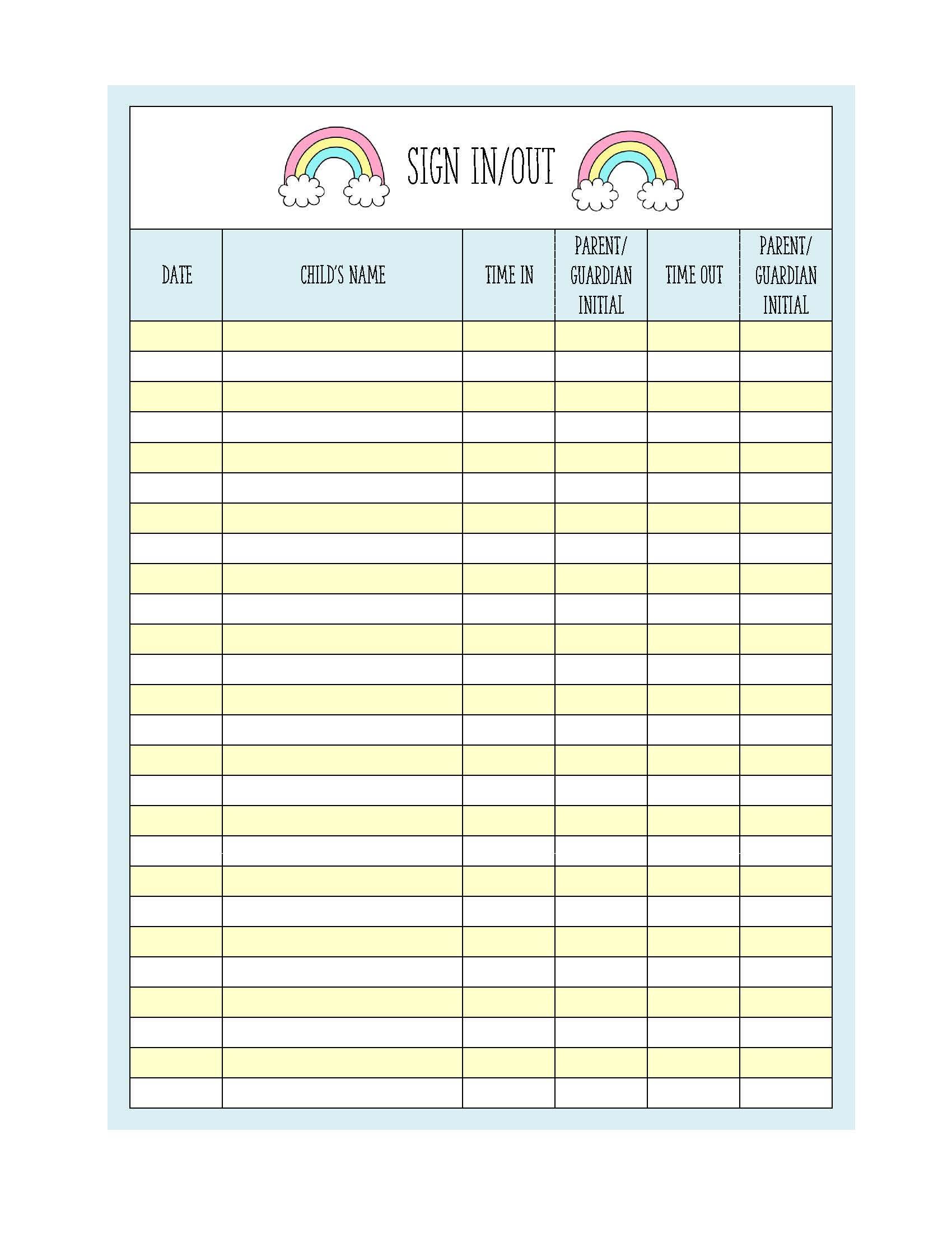 Daycare Paperwork, Daycare Forms, Childcare Sign In, Childcare Sign Out ...
