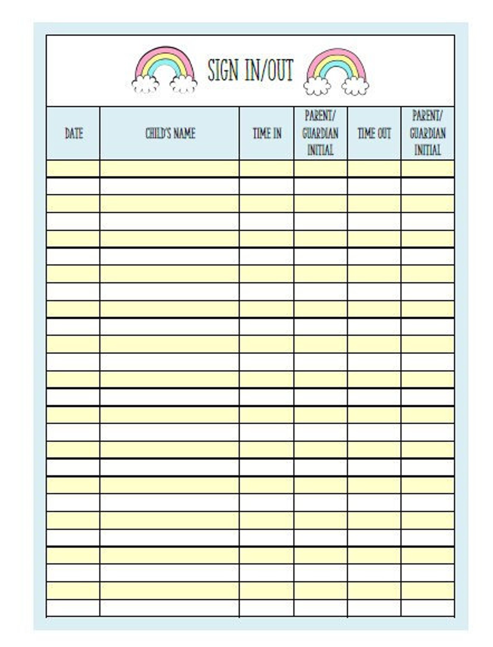 Rainbow Daycare Daily Sign In/out Sheet PDF - Etsy