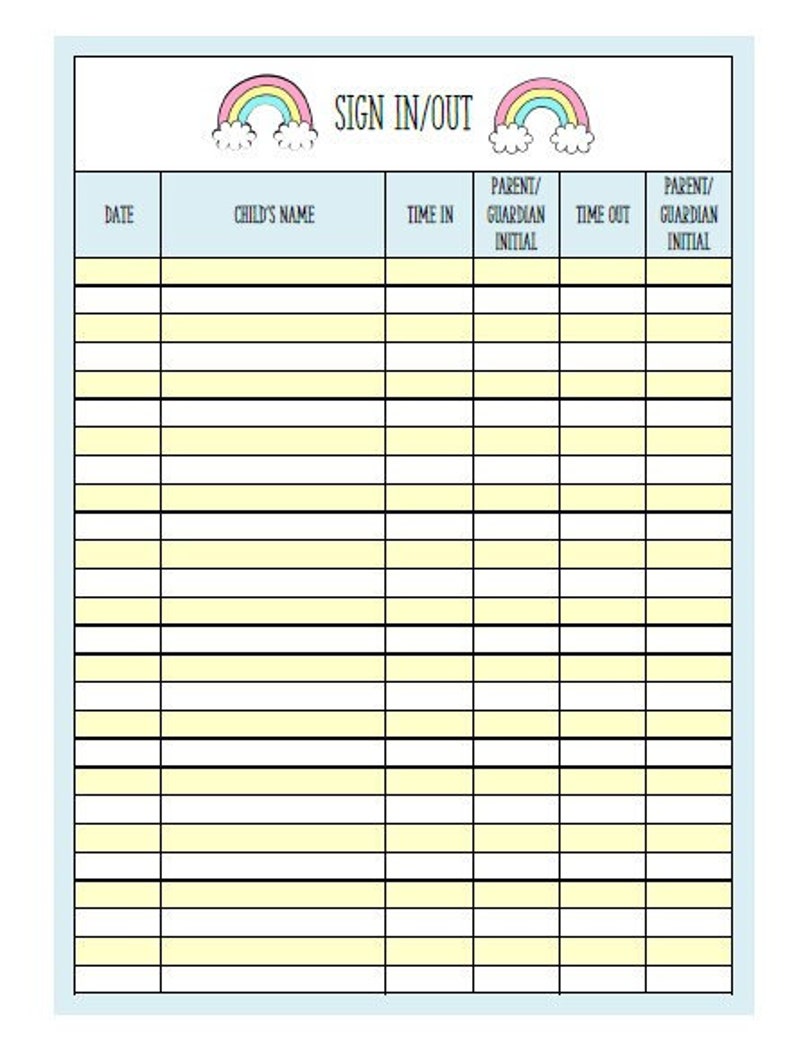 Rainbow Daycare Daily Sign In/out Sheet PDF - Etsy