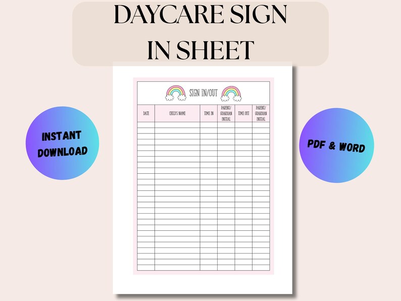 Daycare Paperwork, Daycare Forms, Childcare Sign In, Childcare Sign Out ...