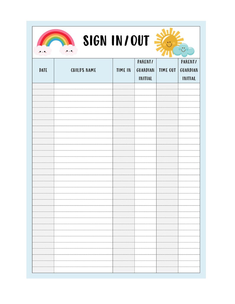 Daycare Paperwork, Daycare Forms, Childcare Sign In, Childcare Sign Out ...