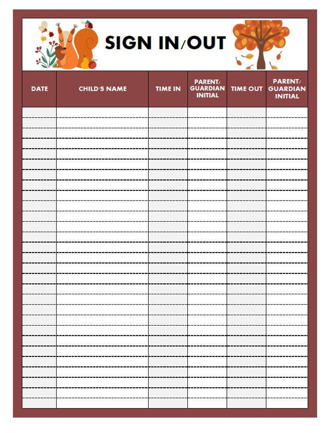 Fall Daycare Daily Sign In/out Sheet - Etsy