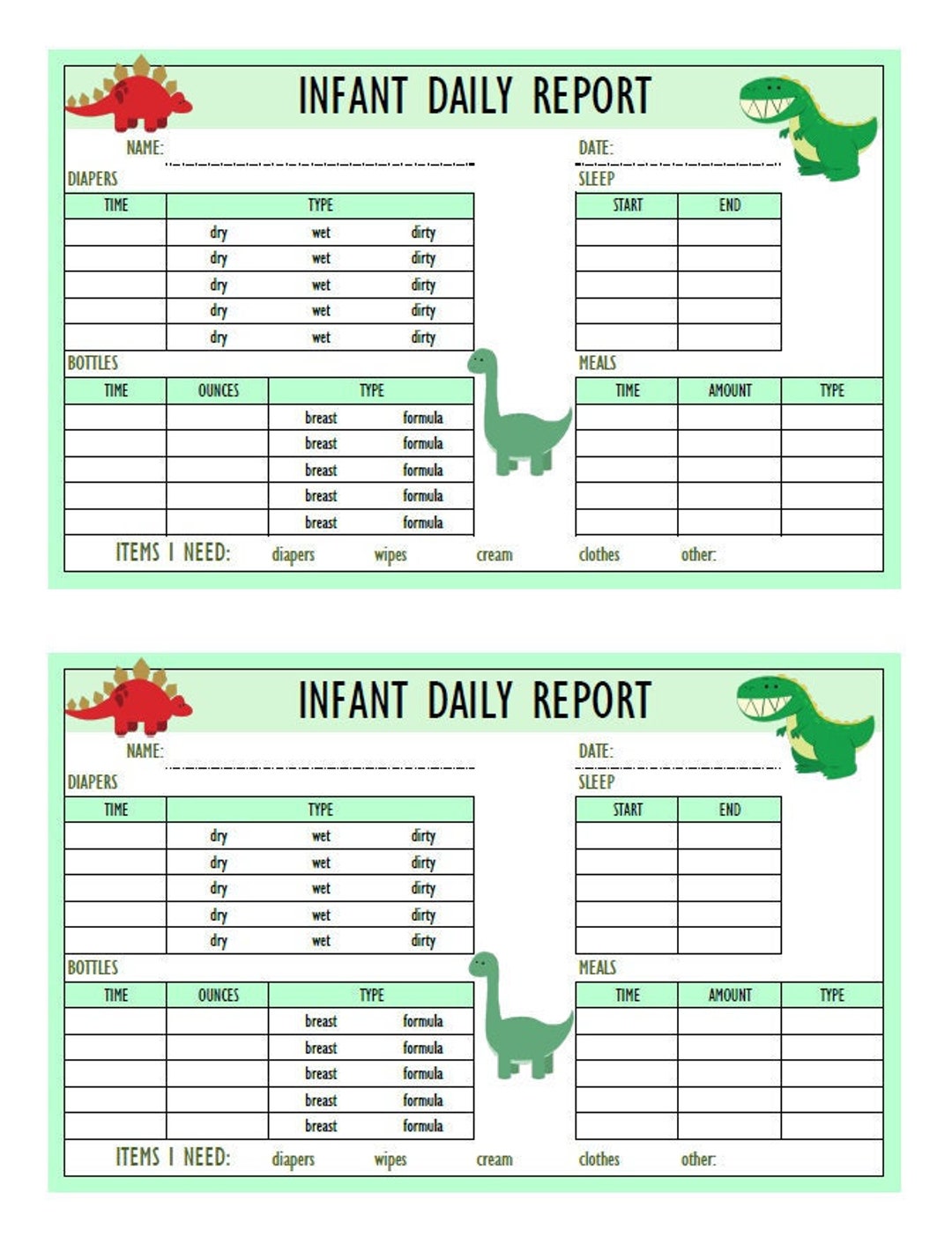 Dinosaur Daycare Nursery Baby Infant Daily Report Digital Instant ...