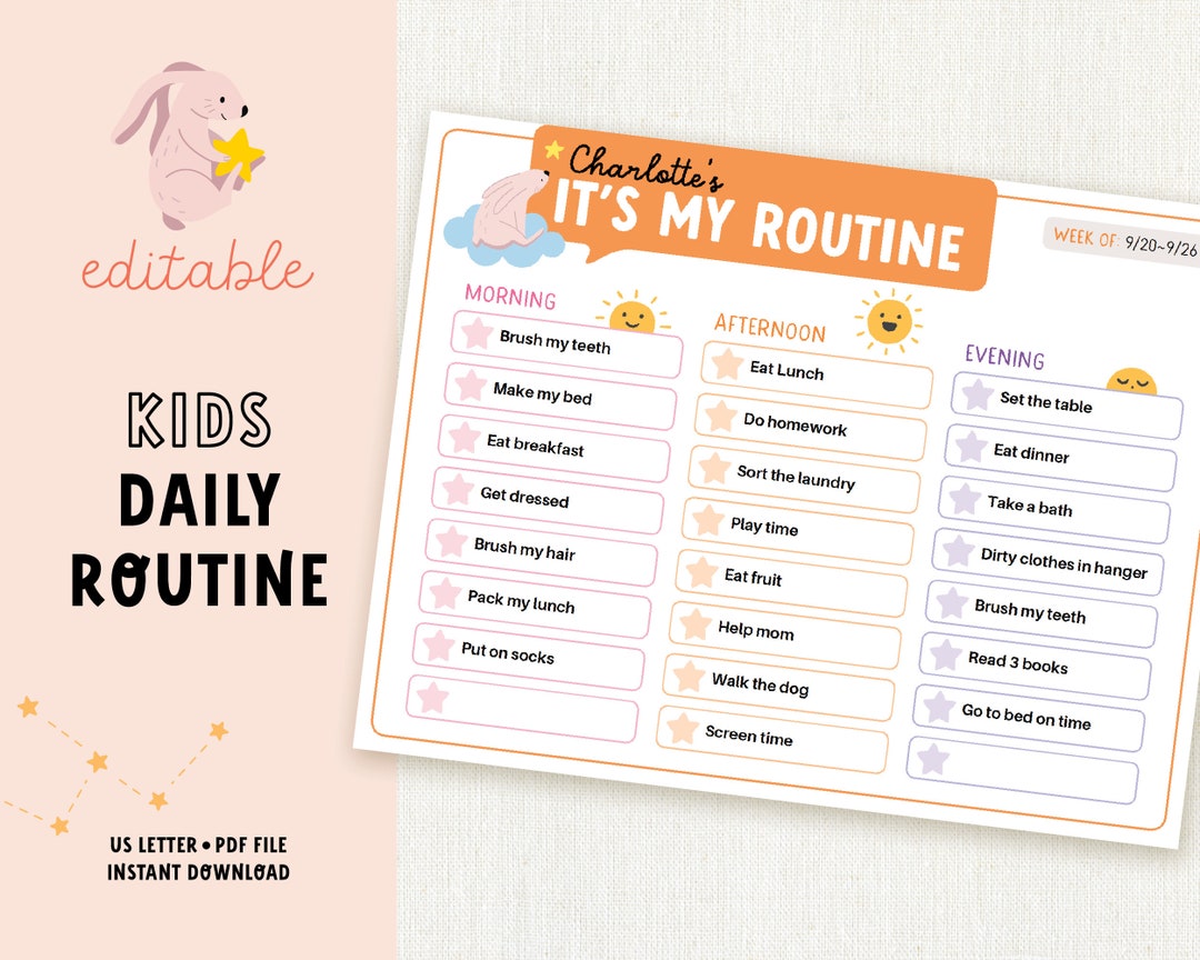 Daily Routine Chart for Kids Daily Checklist Kids Responsibility Chart ...
