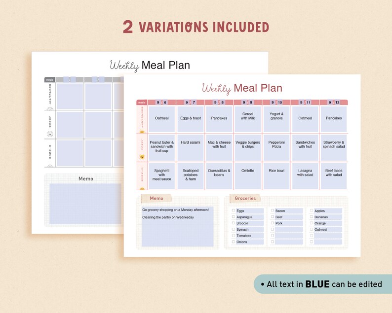 Weekly Meal Planner With Grocery List - Printable Editable Menu ...