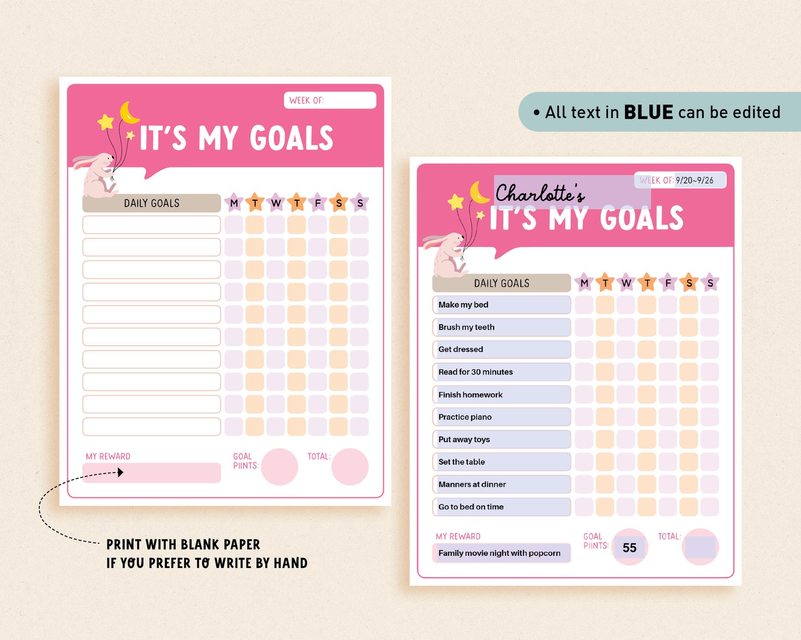 Printable Goal Chart for Kids - Daily Routine - Daily to Do List ...