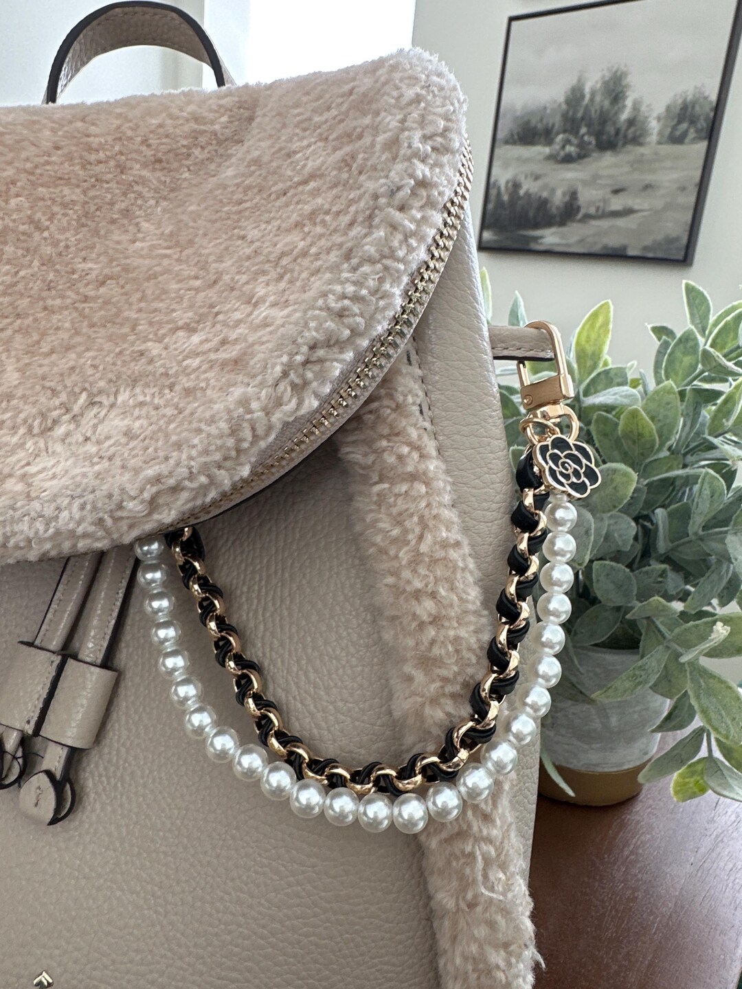 Pearl and Gold Purse Charm, Black Braided Leather Chain - Etsy