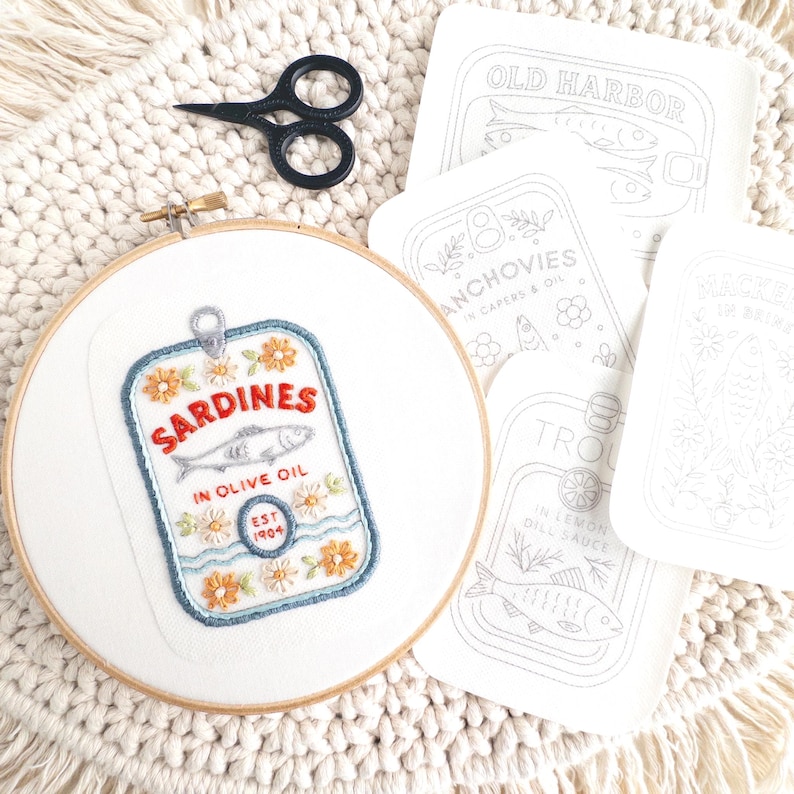 Tinned Fish Embroidery Stick and Stitch Patterns | Sardine Embroidery ...