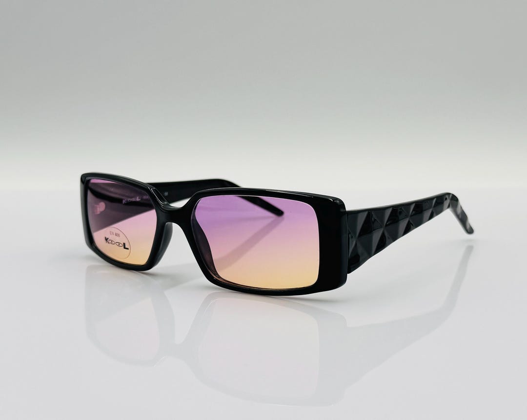 Kool Vintage Y2K Black Rectangle Sunglasses With Gradient Pink Yellow ...