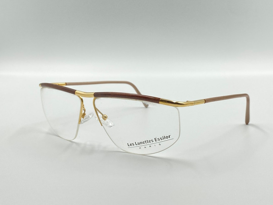 Essilor 041 Vintage Half Rim Rectangular Eyeglasses, Unique 80s Gold ...