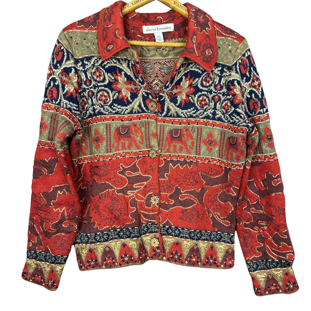 Vintage Boho Cardigan Sweater David Brooks Ethnic Print Elephant Knit ...