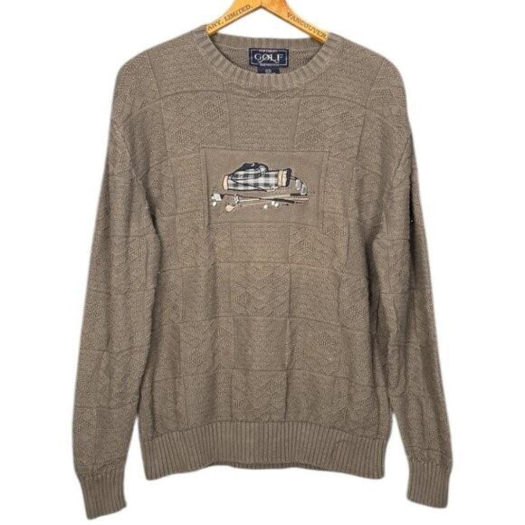 Vintage 90s Golf Sweater, Embroidered Detail, Neutral Greige Knit ...