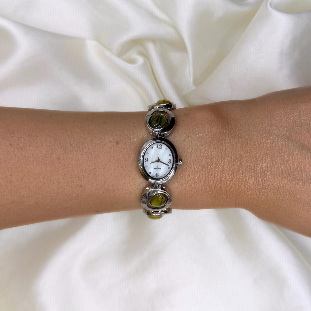 Vintage Avon Silver Abalone Accent Watch – 90s Eclectic Oval Bracelet ...