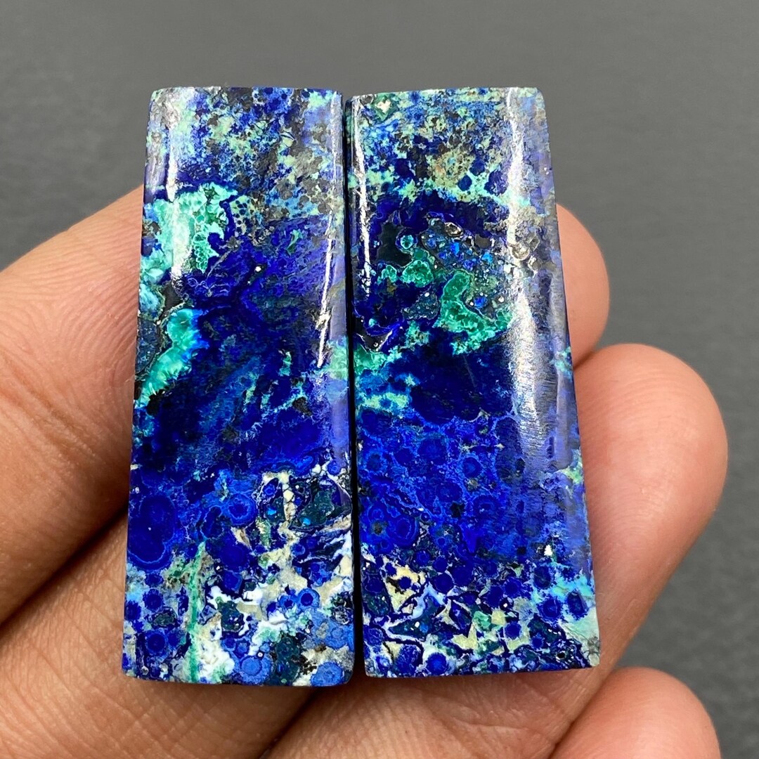 Blue Bird Azurite Cabochon Pair: Gemstone for Jewelry #C2206 (33x13x5mm ...