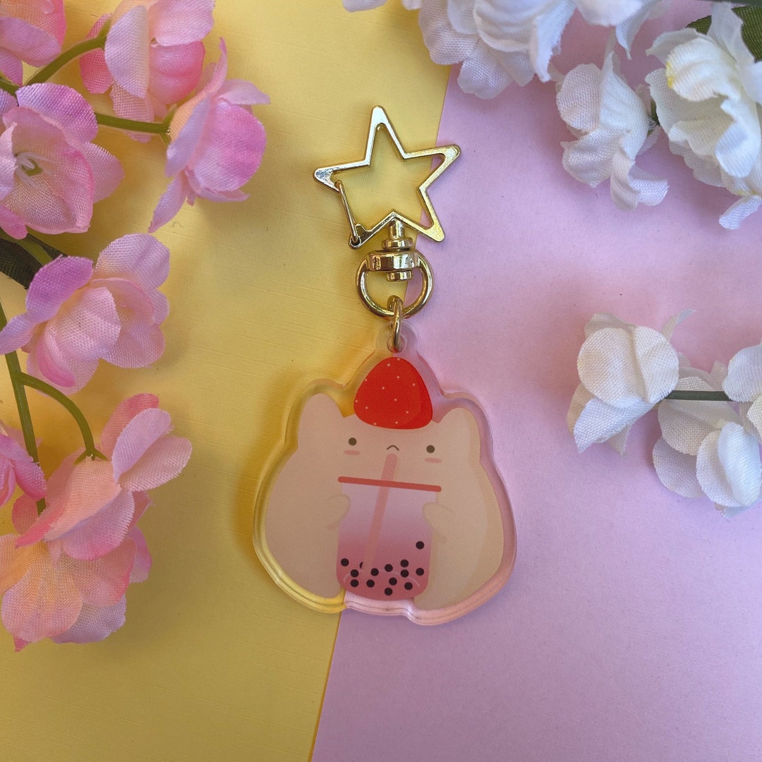 Cute Strawberry Milk Tea Boba Cat Double Sided Acrylic Keychain 2in - Etsy