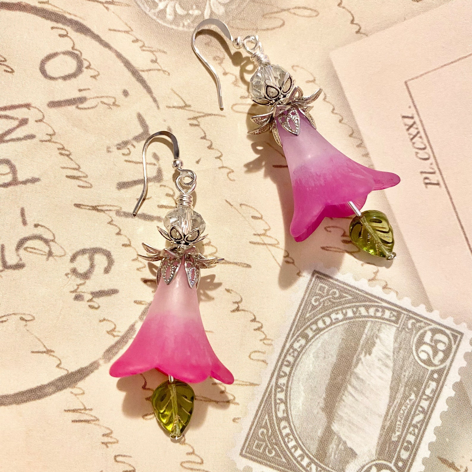Fuchsia Flower Earrings, Green Leaf and Fuchsia Flower Earrings, Green ...