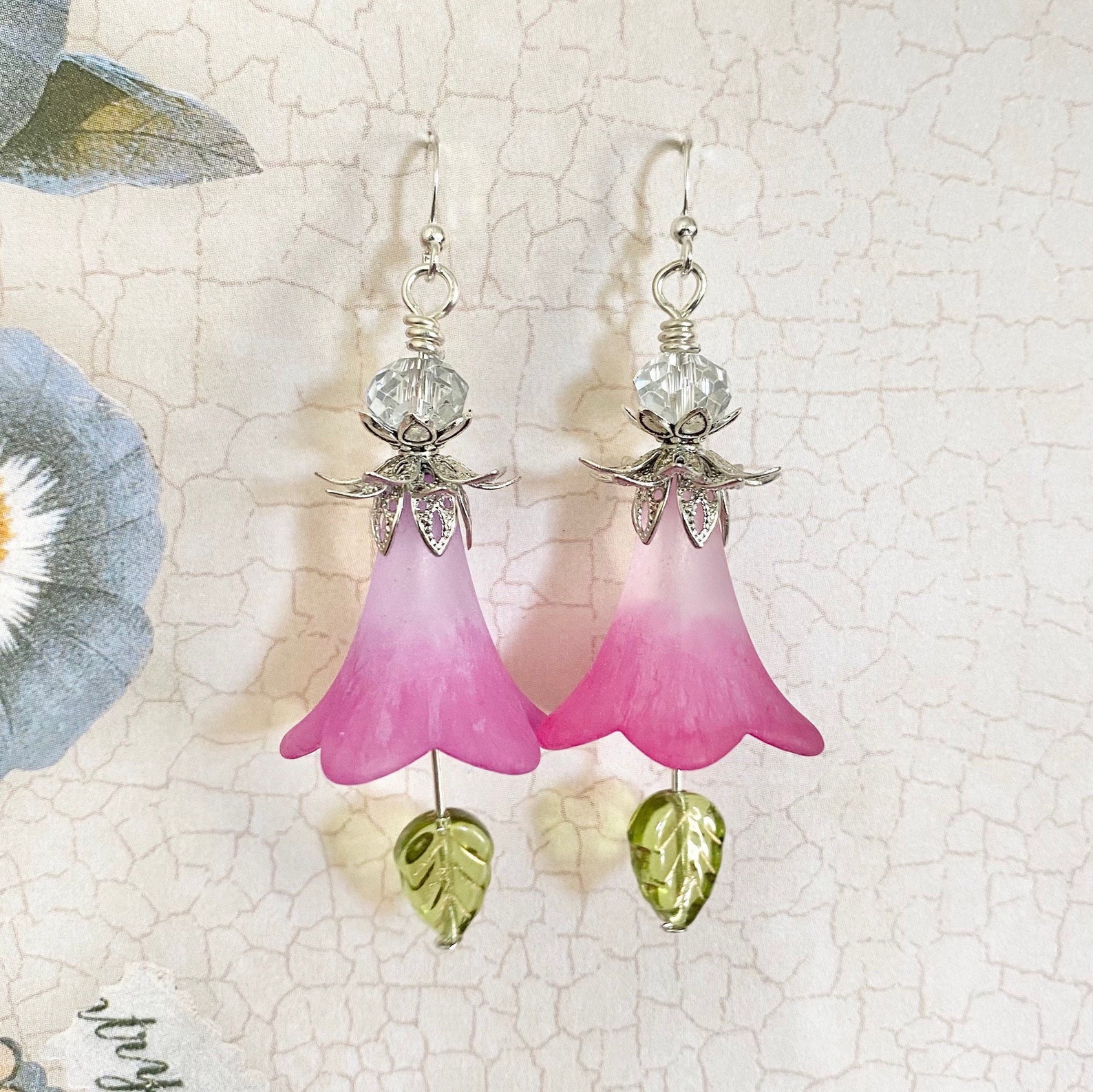 Fuchsia Flower Earrings, Green Leaf and Fuchsia Flower Earrings, Green ...