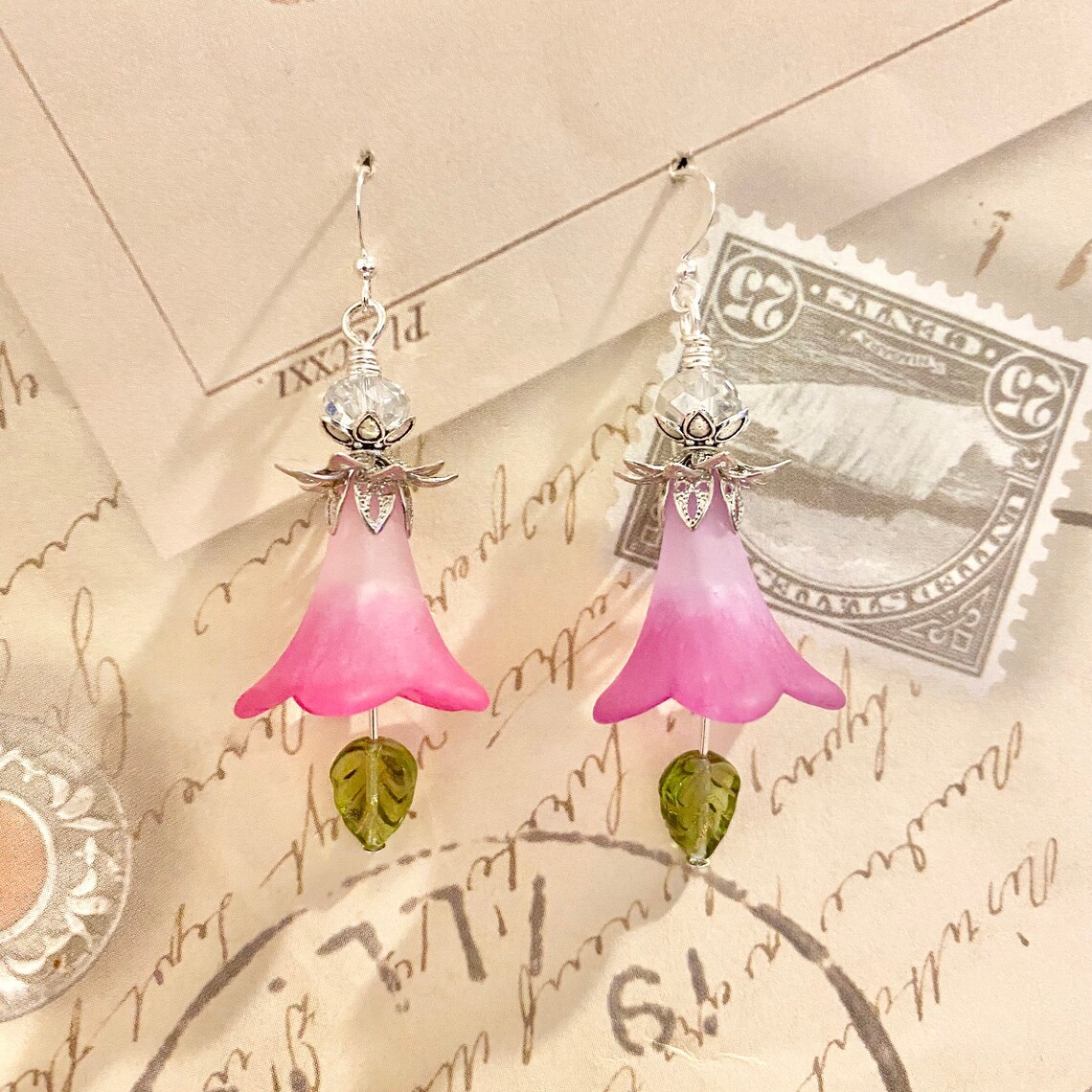 Fuchsia Flower Earrings, Green Leaf and Fuchsia Flower Earrings, Green ...
