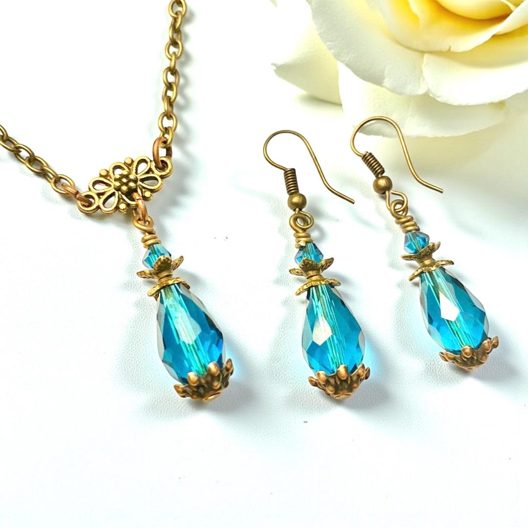Victorian Blue Crystal Jewellery Set, Art Nouveau, Antiqued Brass ...