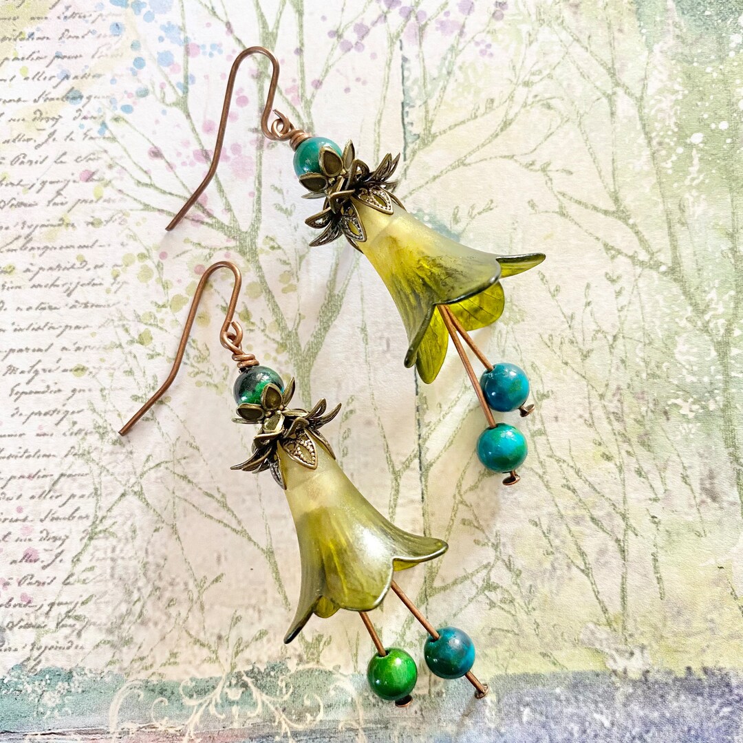 Whimsical Emerald Green Fairy Flower Earrings, Ethereal Forest Green ...