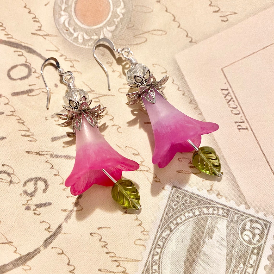 Fuchsia Flower Earrings, Green Leaf and Fuchsia Flower Earrings, Green ...