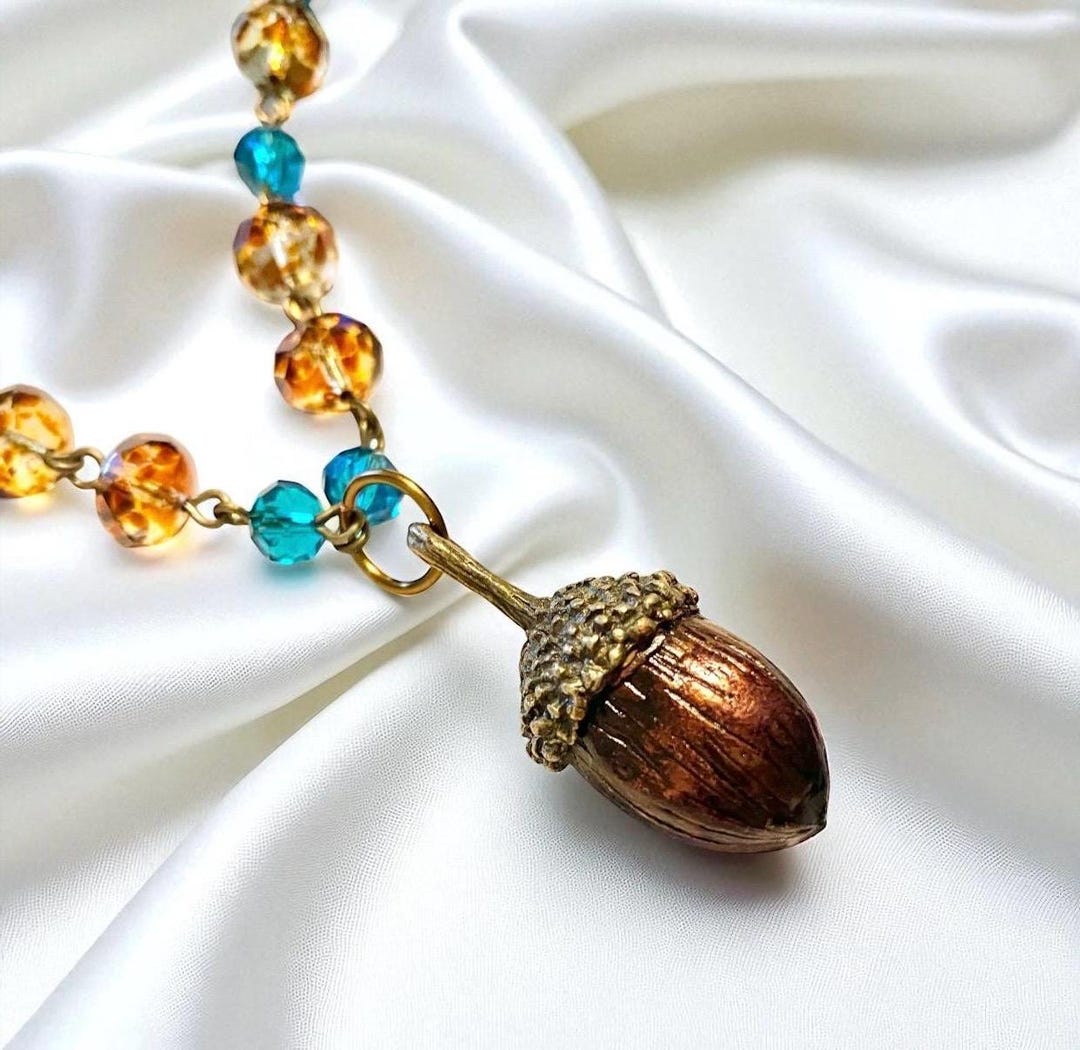 Crystal Acorn Necklace, Fairycore Pendant, Bohemian Vintage Acorn ...