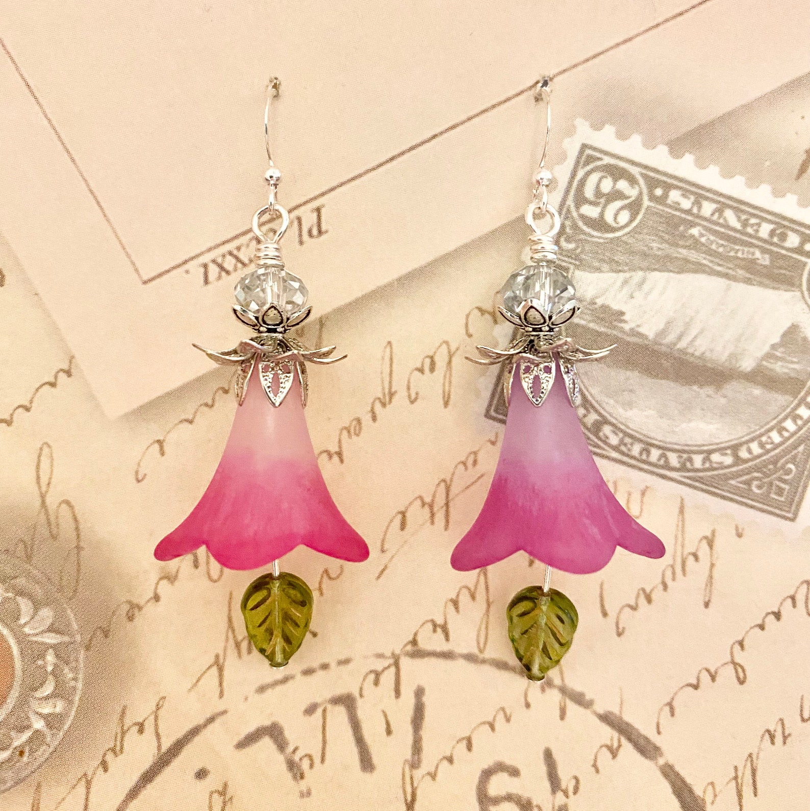 Fuchsia Flower Earrings, Green Leaf and Fuchsia Flower Earrings, Green ...