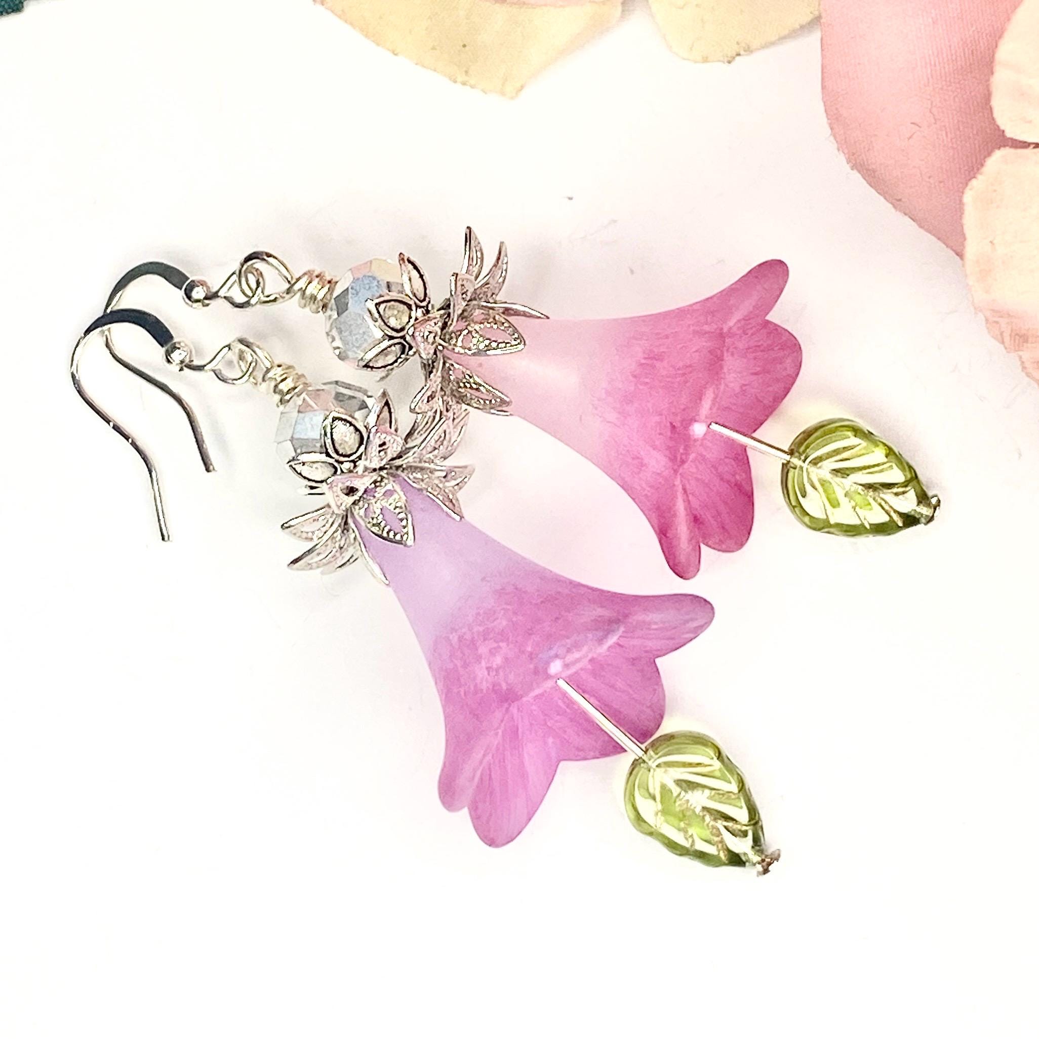 Fuchsia Flower Earrings, Green Leaf and Fuchsia Flower Earrings, Green ...